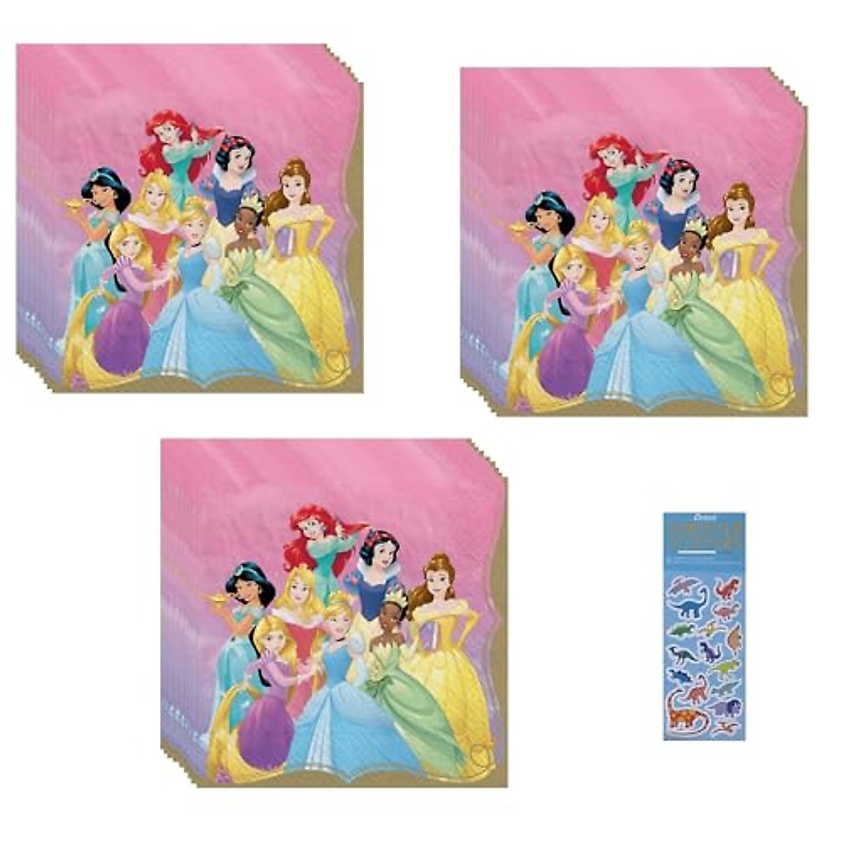 Disney Princess Party Supplies Bundle Pack includes 48 Paper Napkins and 1 Dinosaur Sticker Sheet