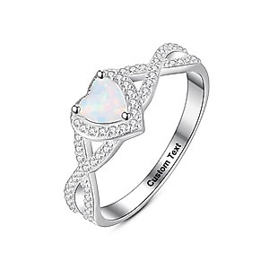 Junikool Opal Ring Dainty Simple Rings for Women Oval Lab Created White Opal & Round Cubic Zirconia Personalized Engraved Custom Name Sterling Silver
