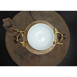 Robalo Acacia Wood Round Serving Tray with Metal Handles, 25cm Width, Brown