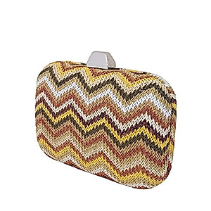 Multicolored Chevron Raffia Straw Box Clutch, Natural