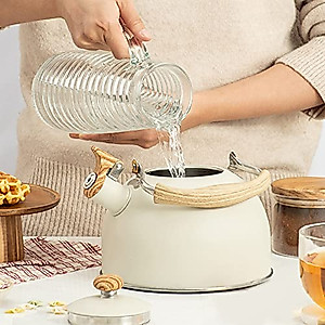 Tea Kettle,2.6 Quart Whistling Tea Kettle,Tea Kettle Stovetop,Food Grade Stainless Steel Teapot with Wood Pattern Handle, Loud Whistle Kettle for Tea, Coffee, Milk(Beige-2.6 Quart)