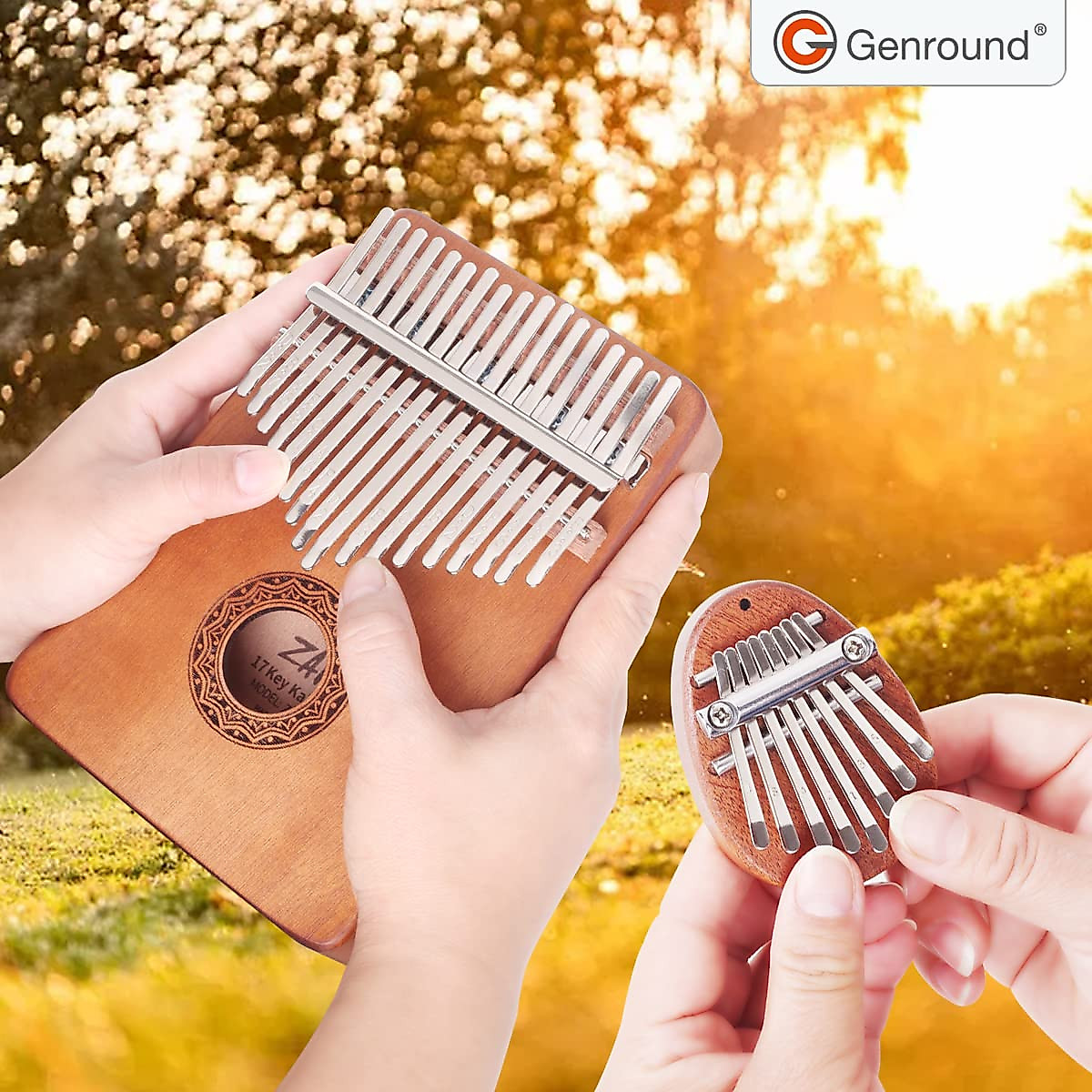 Genround Kalimba Thumb Piano & Finger Instrument Bundle, 17 Keys & 8 Keys Piano with Beginner's Study Instruction, Portable Thumb Piano for Kids and Adults, Includes Tuning Hammer