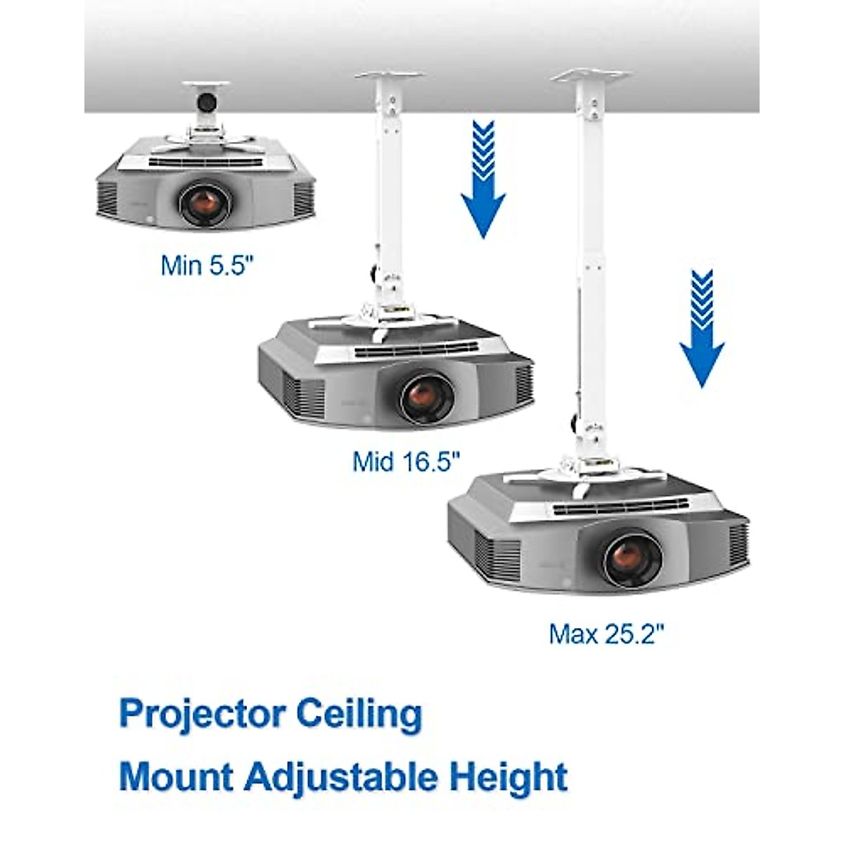 Joy Seeker Universal Wall or Ceiling Projector Mount, Extendable Low Profile Projector Bracket with Height Length Adjustable Arm, Full Motion Projector Holder/Hanger Fits Flat or Sloped Ceiling, White