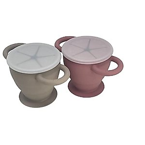 BraveJusticeKidsCo. | Snack Attack II Baby Silicone Snack Cup | 2 pack | Collapsible Toddler Snack Cup (Fog and Dusty Rose)