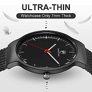 GOLDEN HOUR Men’s Watches Fashion Minimalist Thin 38 mm Quartz Analog Waterproof Watch with Black Stainless Steel Mesh Band Red-Hand