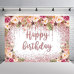 Wollmix Happy Birthday Banner Backdrop Decorations 7x5ft Party Sweet 16 Girls Women Pink Florals Glitter Rose Gold Dots Photography Background Supplies Photo Booth Studio Cake Table