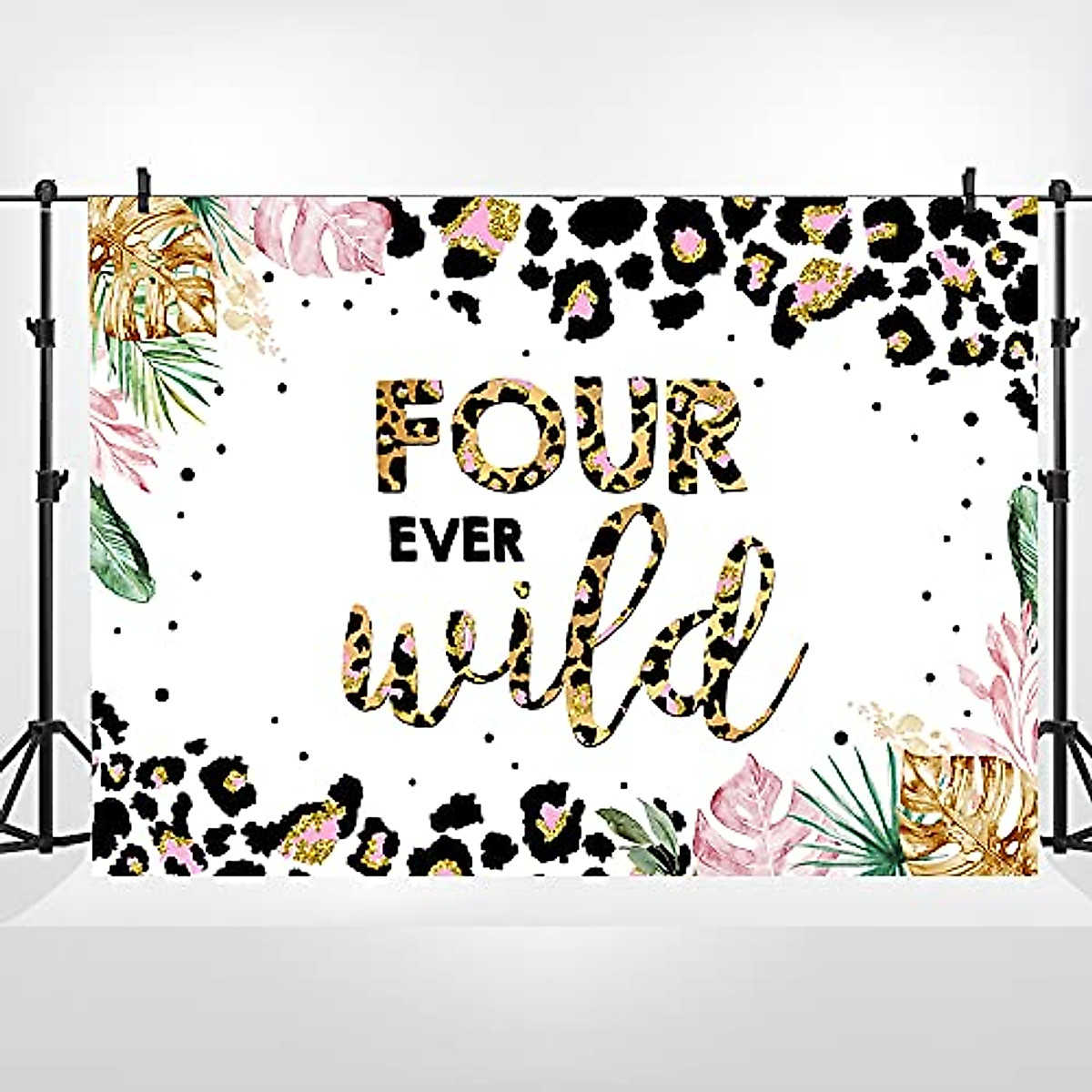 Lofaris Four Ever Wild Birthday Backdrop 4th Birthday Safari Jungle Leaves Photography Background Child Kids Birthday Party Decorations Girl Cake Table Banner Photo Booth Props 7x5ft