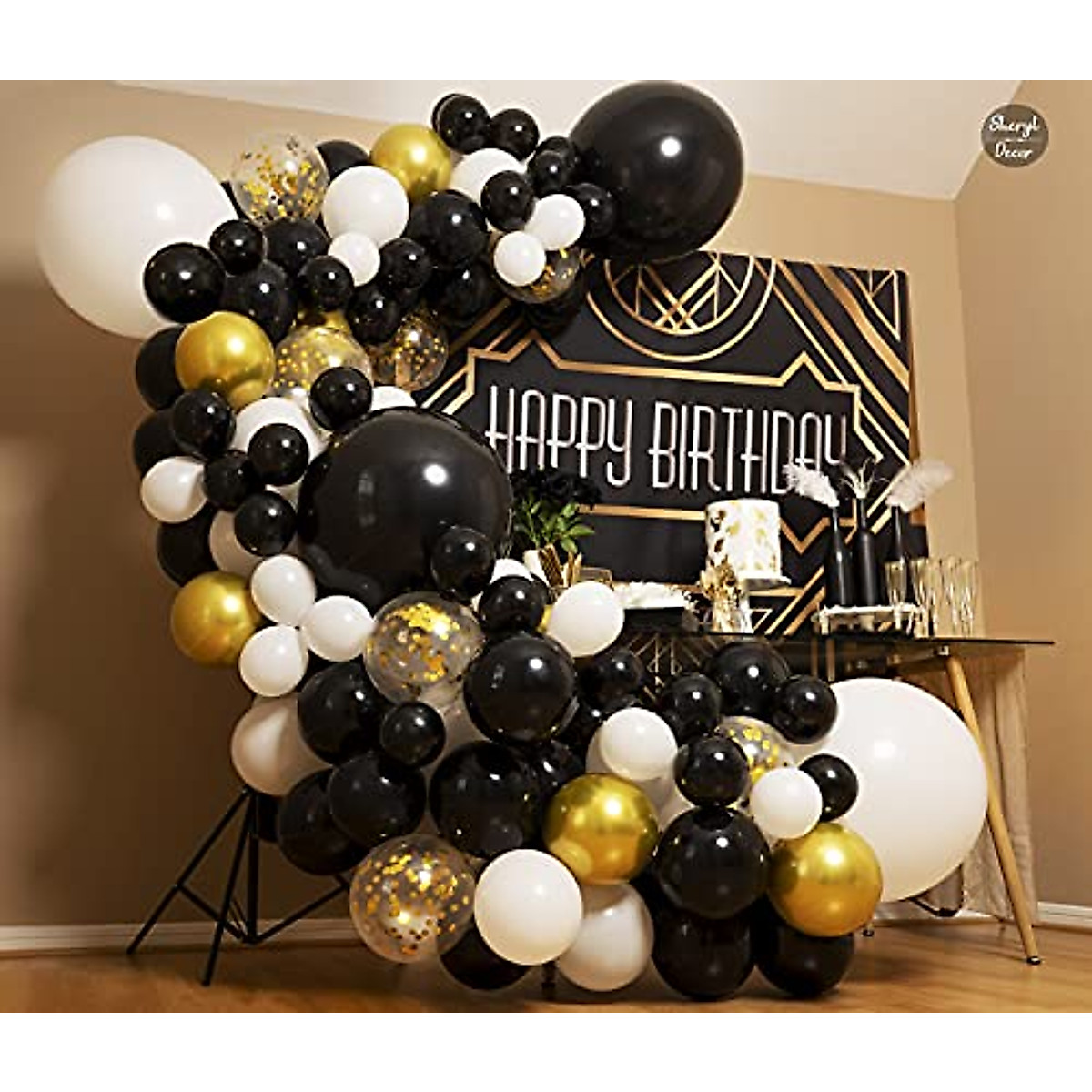 100pc EASY DIY – Black White Gold Balloon Garland Kit & Arch – Small and Large Black White and Gold Balloons with Confetti – Black and Gold Party Decorations for Graduations, New Years, Birthday