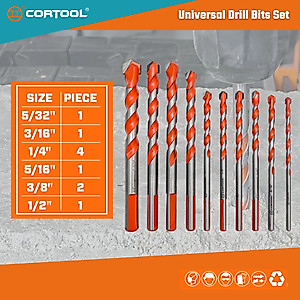 Masonry Drill Bits Set for Tile, Brick, Cement, Concrete, Glass, Plastic, Cinder Block, Wood, Fully Ground with Carbide Tips and Storage Case (CORTOOL Brand 10-Pack)