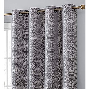 HLC.ME Mia Moroccan Tile 100% Complete Blackout Heavy Thermal Insulated Energy Savings Heat/Cold Blocking Grommet Short Curtain Drapery Panels for Bedroom & Living Room, 2 Panels (52 W x 63 L, Grey)