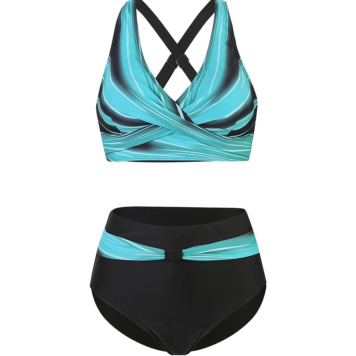 SEAFORM Womens Two Piece Swimsuits Wrap Front Bikini High Waisted Bottom Tummy Control Bathing Suits Vintage Print Swimwear Blue Stripes