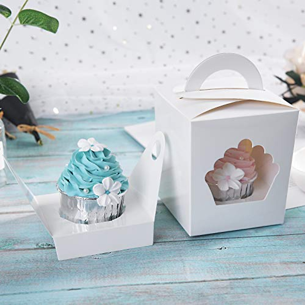 ONE MORE Individual Cupcake Containers,Large Single Cupcake Boxes Carrier with Insert & Handles and PVC Window For Birthday Party(White 15)