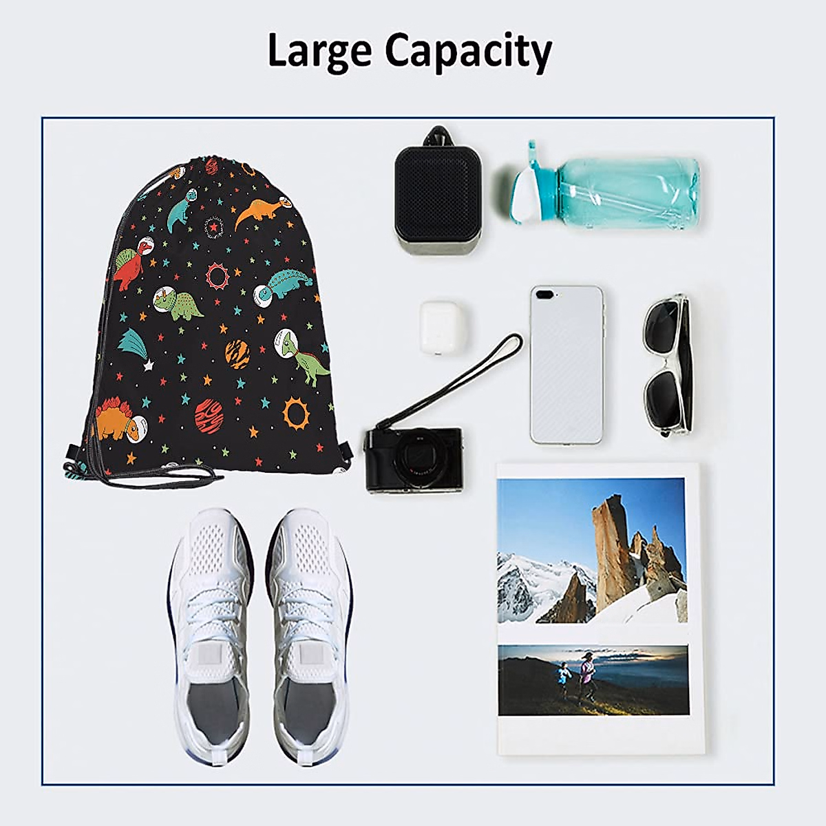 Beabes Cute Dinosaur Astronauts Drawstring Bags Backpack Bag Outer Space Galaxy Planet Spaceship Stars Cool Animal Sport Gym Sack Drawstring Bag String Bag Yoga Bag for Men Women