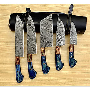 Handmade 5 Pieces Set, Knife Hand Forged Chef Knives Kitchen Set Damascus Steel Knives Gift Item for Her,Fine Tool Professional Chef Knives Set Vegetable Meat Cooking Knife with BLUE Solid Wood Handle
