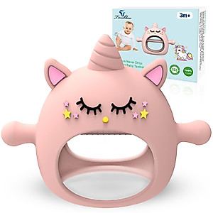 Teething Toys for Babies 6-12 Months, Tinabless Unicorn Never Drop Silicone Teether Designed for Babies 0-6 Months, Car Seat Toy for New Born, Natural Organic Baby Teether for Boys&Girls, Pink