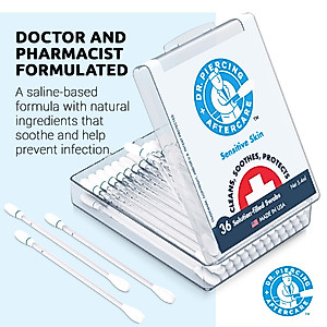 Dr. Piercing Aftercare Swabs - Saline Solution for Piercings - Earring Nose Belly Ear Piercing Cleaner - Saline Wash, Ear Hole Cleaner – Piercing Aftercare Formula - 36 Swabs