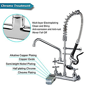 NETISR Commercial Faucet with Sprayer, Brass Chrome Wall Mount Kitchen Sink Faucet 25" Height 8" Center with Coilded Spring Pull Down Pre Rinse Sprayer, 12" Spout and 18" Hose (25 inches)