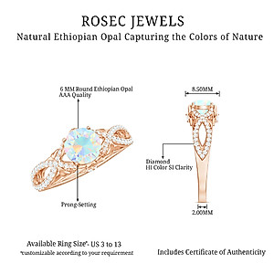Certified Opal Diamond Solitaire Engagement Ring, Natural Round 6mm Opal Crossover Ring - With Jewelry Box, 14K Rose Gold, Size:US 9.00