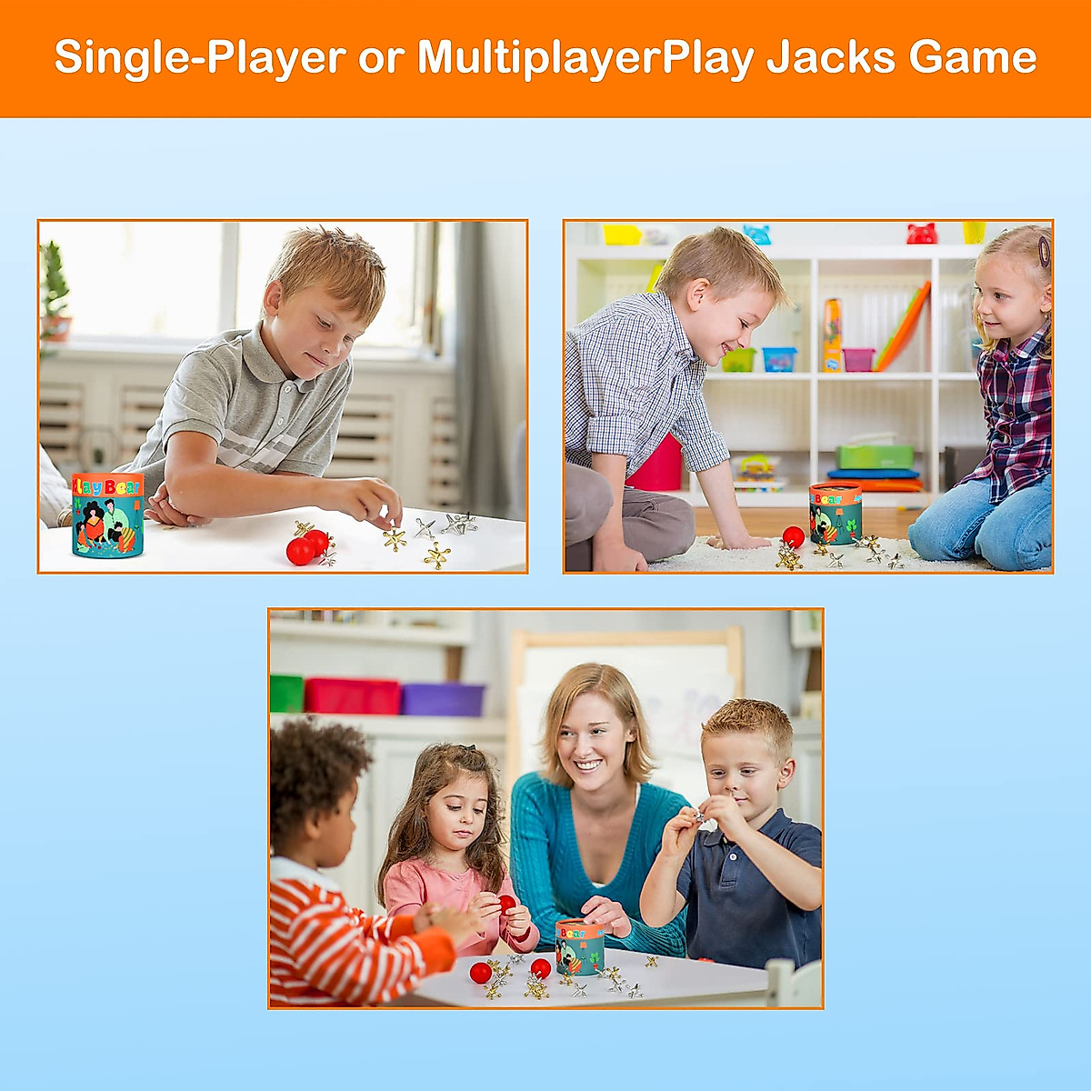 KlayBear Jacks Game with Ball, Retro Vintage Jax Game for Kids and Adults, Classic Board Games with 18 Metal Jacks & 3 Red Rubber Balls, Old Fashion Traditional Table Games for Family Game Night