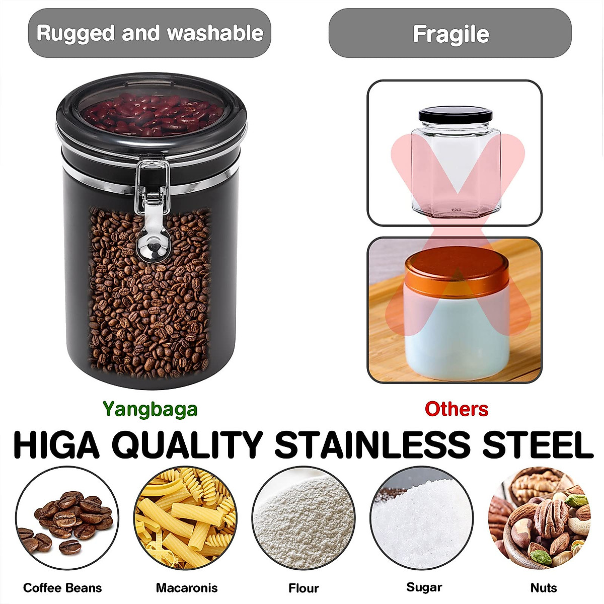 Yangbaga 304 Stainless Steel Coffee Containers with Shelf,2 x 66 FLOZ Coffee Bean Storage with Airtight Locking Clamp and Spoon, Large Capacity Food Storage Jar for Kitchen