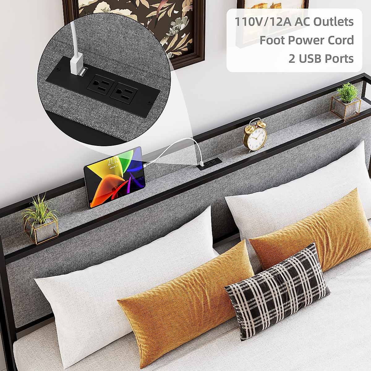 GarveeHome Full Size Bed Frame with 2 Drawers and Shelf Headboard, Charging Station with USB Port & Outlets, Upholstered Heavy Duty Platform Bed with Storage, No Box Spring Needed, Light Grey