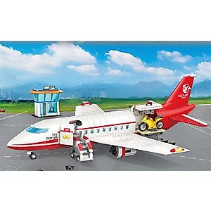 General Jim's White and Red Passenger Airplane 720 Piece Modular Building Block Bricks Toy Playset with Control Tower, Service Vehicle, and Motorcycle for Teens and Adults