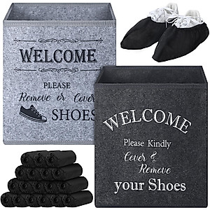 Yiyiring 2 Pcs Shoe Covers Box with 200 Pcs Disposable Non Slip Shoe Covers Booties Foot Covers Dispenser Holder Foldable Storage Box for Indoors Open House Supplies, 10 x 10 x 11 Inch(Black)