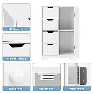FOTOSOK Bathroom Floor Cabinet, Freestanding Storage Cabinet with 4 Drawers & 1 Cupboard, Adjustable Shelf for Bathroom Entryway Living Room, White