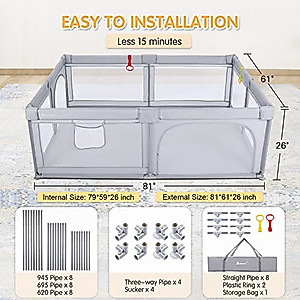 Baby Playpen Extra Large 79'' x 59'' Playpens for Babies and Toddlers, Sailnovo Extra Large Baby Play Pen Play Yard for Baby, Kids Activity Center with Anti-Slip Sucker and Handlers*2(Grey)