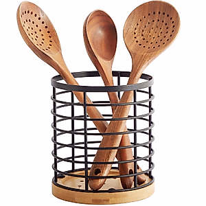 WDT Tool Utensil holder for Kitchen Counter - 5.2" x 5.2" x 6" Large Round Utensils Holder with Wooden Base Matte Black Cooking Utensil Holder，Kitchen countertop Utensil Organizer (Metal+Bamboo)