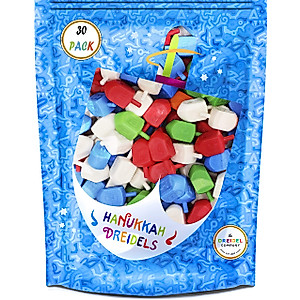 The Dreidel Company Hanukkah Dreidels Multicolor Plastic Chanuka Dreidels with English Transliteration - Includes Dreidel Game Instruction Cards (30-Pack)