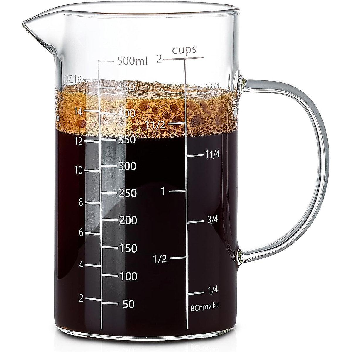 BCnmviku 500ML 2 CUP Glass Measuring Cup With Handle, High Borosilicate Glass Three Scales (OZ, Cup, ML/CC for Kitchen or Restaurant Easy To Read