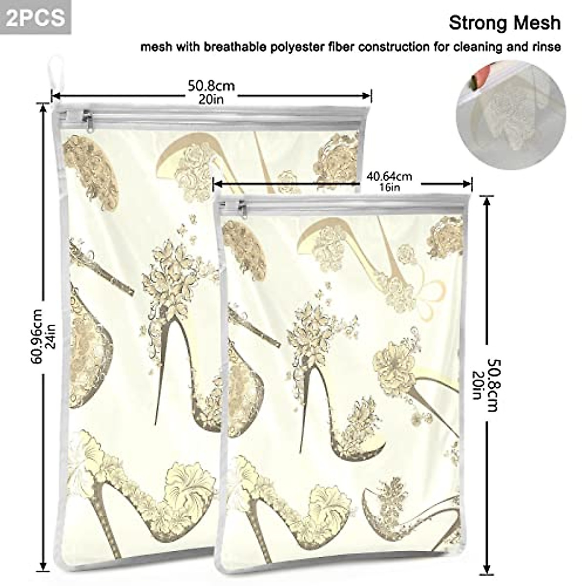 Oyihfvs Vintage Women Shoes High Heels Set of 2 Mesh Laundry Bags, Mesh Storage Bag, Mesh Wash Bag, Travel Laundry Bag with Zipper Hanging Loop for Wash Bra Underwear