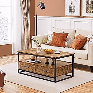 Yaheetech Farmhouse Coffee Table with Open Storage Shelves and 2 Drawers, 43.5" Length Center Table Cocktail Table with Metal Frame for Living Room, Rustic Brown