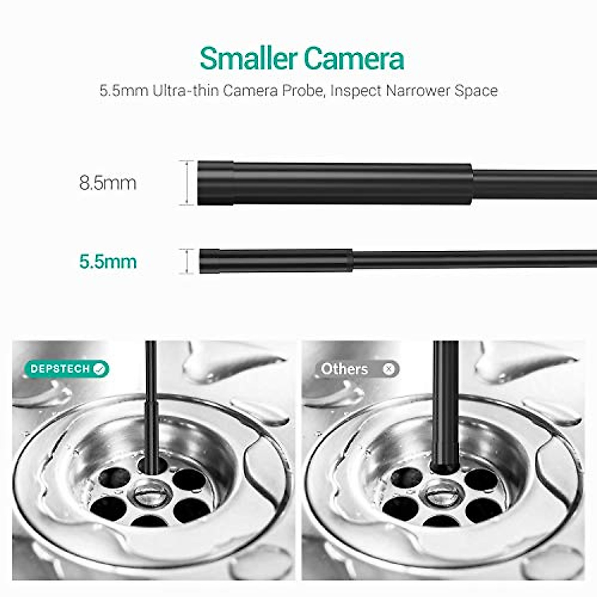 USB Endoscope Camera, DEPSTECH 720P IP67 Waterproof Borescope, 5.5mm Snake Inspection Camera, Type-C Scope Camera with 16.5ft Semi-Rigid Cable, 6 LED Lights, Compatible with OTG Android Phone, PC