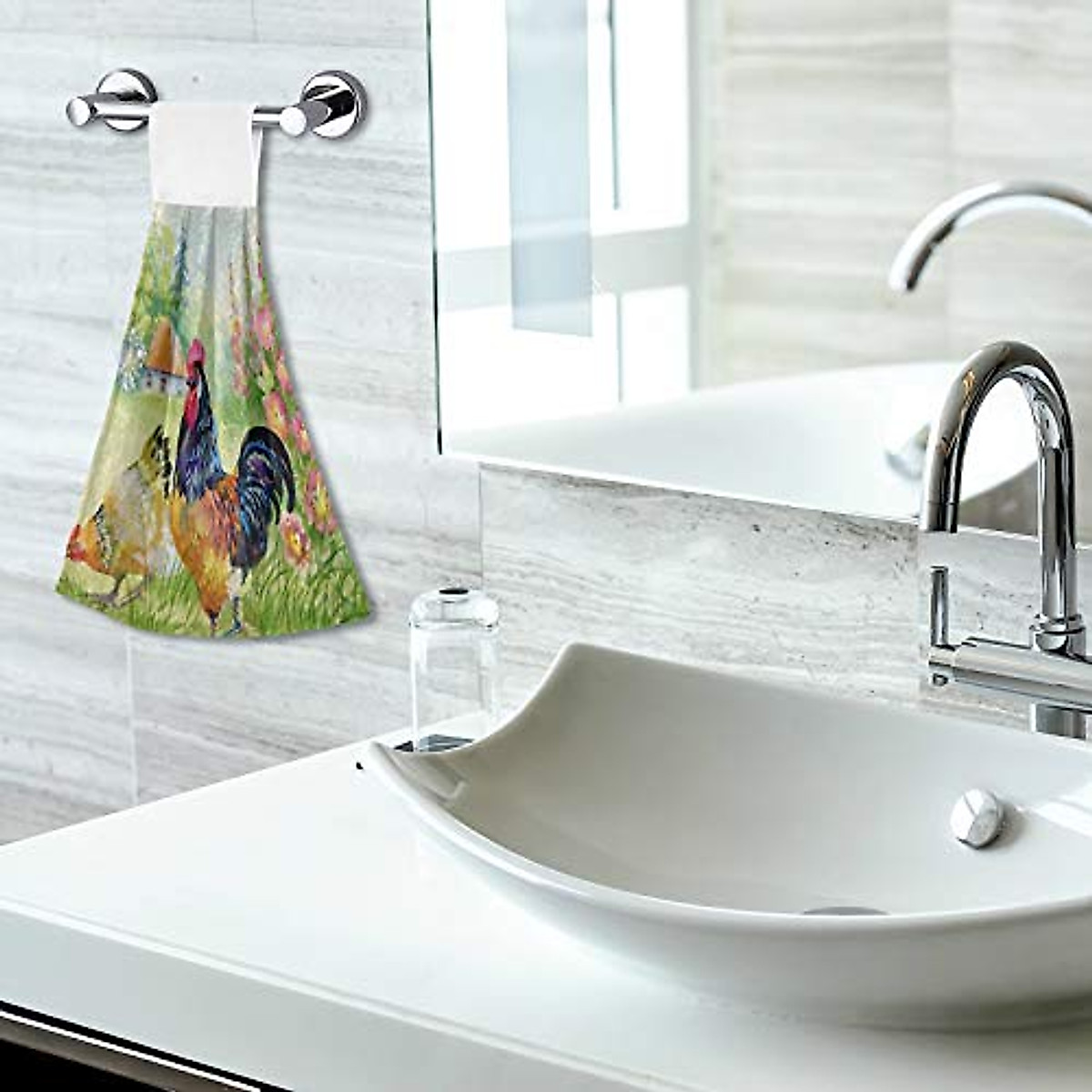 Alaza 2 Pcs Kitchen Towel, Watercolor Farm Bird Rooster Absorbent Towel Hanging Towel Hand Towel