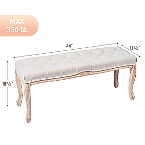 VONLUCE Vintage Dining Bench with Padded Seat & Rubberwood Legs, 44" Memory Foam Upholstered Entryway Bench, Tufted Fabric End of Bed Bench for Bedroom and Living Room, French Style, Beige