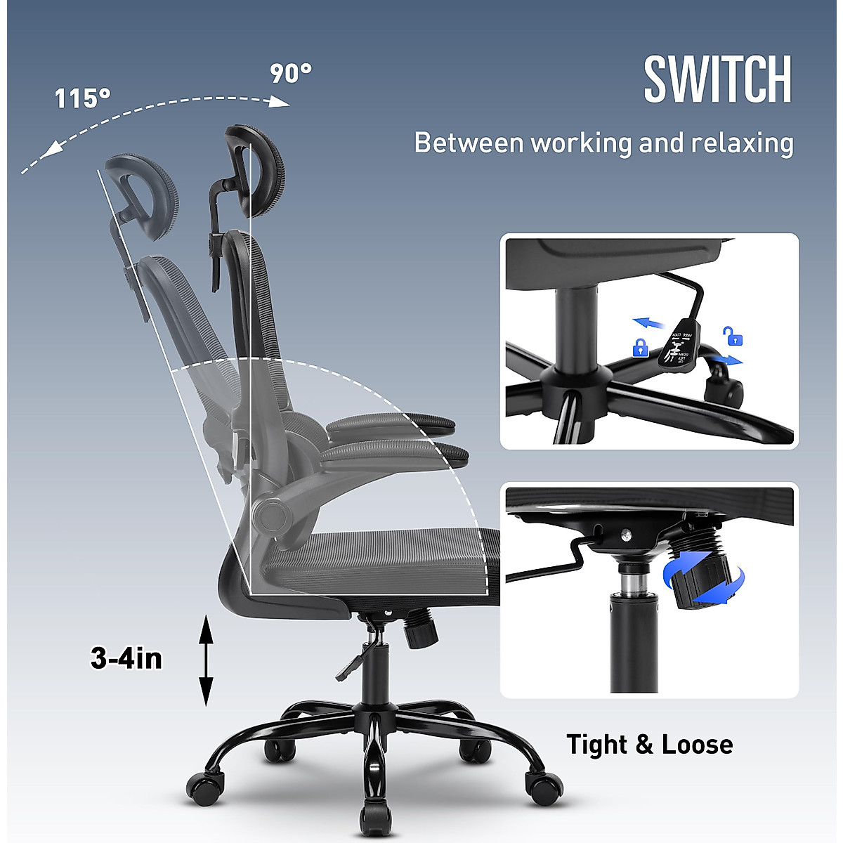 SOMEET Office Chair, Ergonomic Mesh Office Chair with Adjustable Headrest and Arms, High Back Ergonomic Desk Chair with Lumbar Support, Comfortable Home Office Desk Chairs with Tilt Lock (Black)