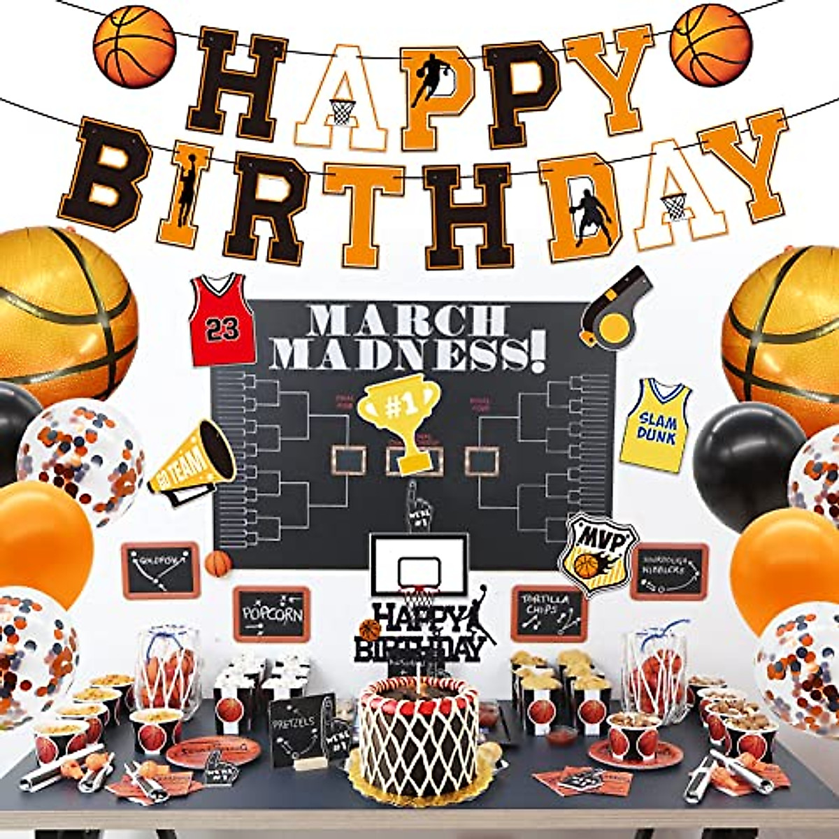 Basketball Birthday Party Decorations Supplies for Boys - Sports Basketball Theme Happy Birthday Banner Cake Topper Balloons Party Pack- Game Day Themed Birthday Baby Shower Photo Props Party Supplies
