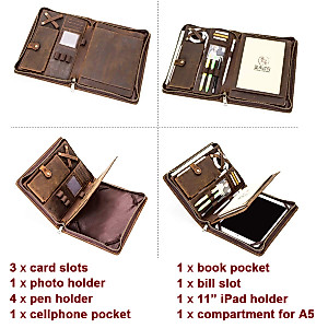 Leather Case for ipad Pro 11" Genuine Leather Multifunctional Smart Folio with Pencil Holder Zipper Pocket for iPad 11 /iPad 10.5/10.2 inch ipad/iPad 9.7