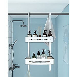 TZAMLI Hanging Shower Caddy Over The Door Shower Organizer, Aluminum Shower Shelf Bathroom Storage Rack with Hook and Basket (Silver-Silver, 2-Tier)