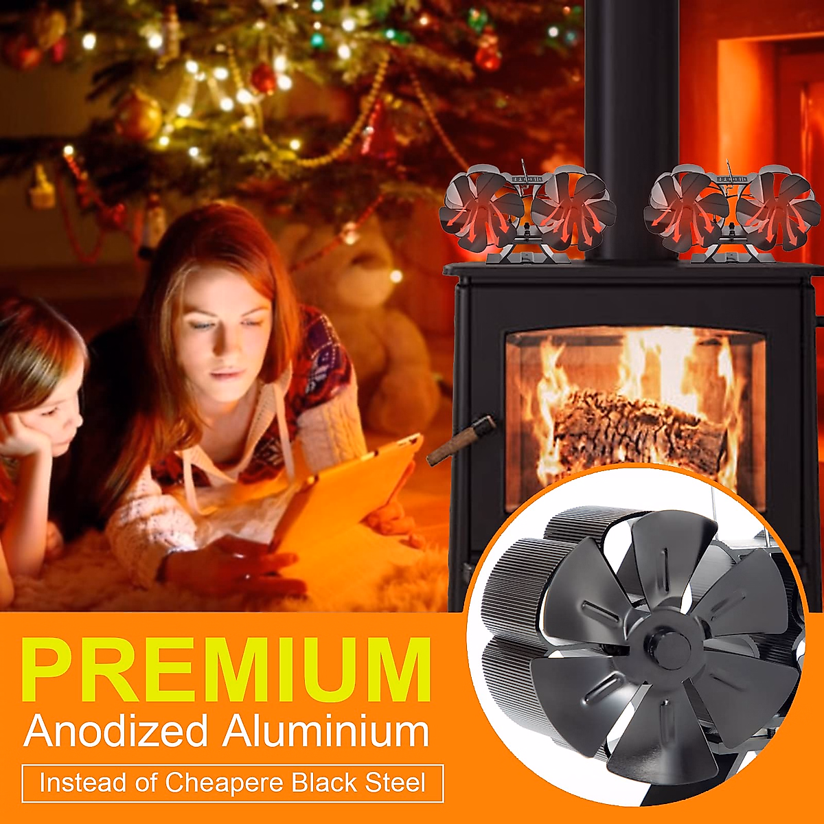 BestYiJo Fireplace Fan, (12 Blades) Wood Stove Fan Heat Powered Thermoelectric Fan,Heat Powered Fireplace Fan, 12 leaves Dual Head Stove Fan, Thermal power Wood Stove Fan for Wood Log Burner Stove