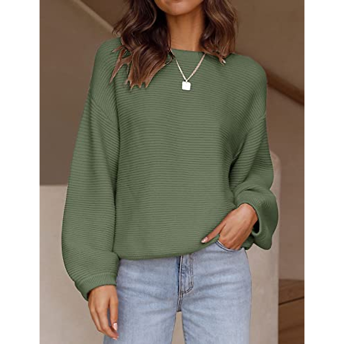 ZESICA Women's 2023 Crew Neck Long Lantern Sleeve Casual Loose Ribbed Knit Solid Soft Pullover Sweater Tops,ArmyGreen,Medium
