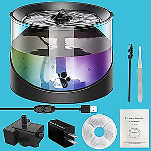 Kastty Cat Water Fountain, Super Quiet Water Fountain for Cats Inside, Pet Water Fountain for Kitty, Cat Waterer, Dog Bowl Dispenser 2.2L/74oz,with Super Long Life Span Pump, Black+Colorful LED Light