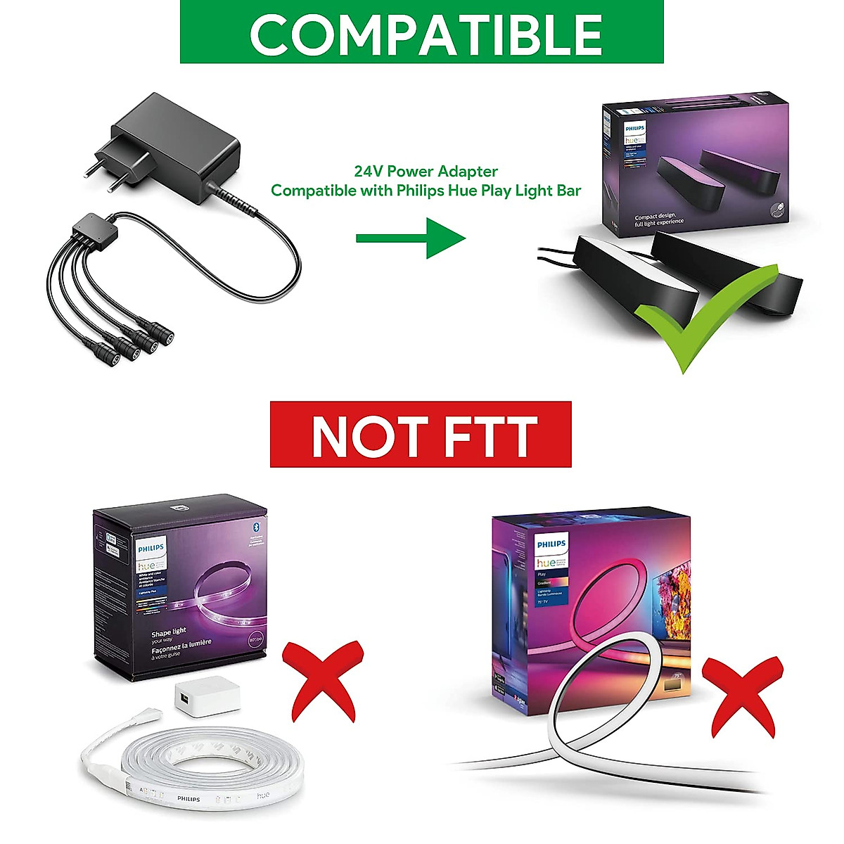 for Philips Hue Power Supply, TAIFU 24V Power Adapter for Philips Hue Play Light Bar 440400980001 440400982931 S020XM2400083 78201 30 U7 78202 7820230U7 7820330U7 7820331U7 7820430U7 LED Power Cord