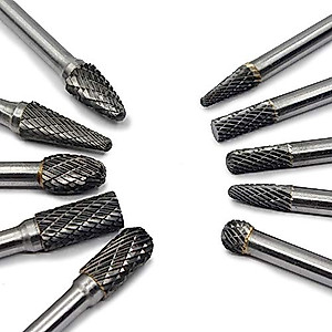 Carbide Burr Set JESTUOUS 1/4 Inch Shank Diameter Double Cut Tungsten Carbide Cutting Burrs Rotary Files Bits for Die Grinder Metal Grinding Woodworking Drilling Carving,10pcs