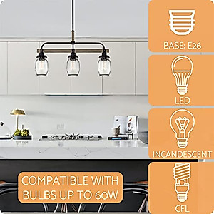 Kira Home Stapleton 25" 3-Light Modern Farmhouse Kitchen Island Light + Jar Style Glass Shades, Smoked Birch Wood Style + Black Finish