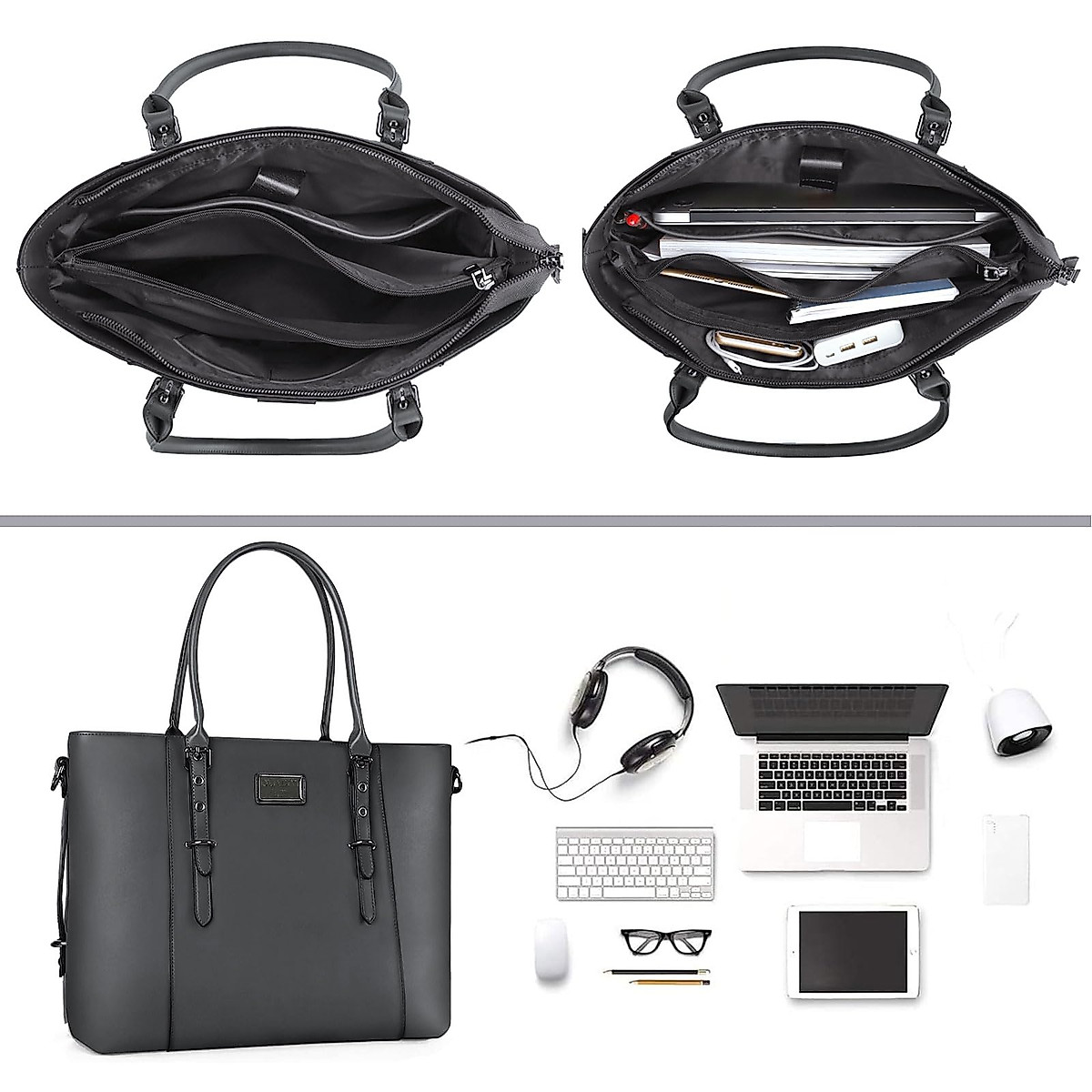 MOSISO PU Leather Laptop Tote Bag for Women (15-16 inch), Waterproof Large Capacity Business Work Briefcase Shoulder Laptop Bag, Gray