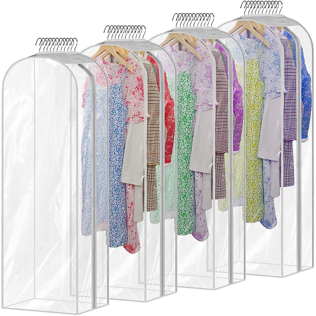 10" Gusseted All Clear Garment Bags for Hanging Clothes 4 Pack 50" Dress Bags for Closet Hanging Storage for Suit, Coats, Grey