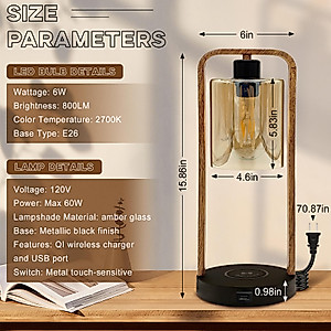 Wireless Charging Touch Lamps for Nightstand Set of 2 - Industrial Table Lamps for Bedrooms 3-Way Dimmable Bedside Lamps with USB, Wood Grain Desk Lamps with Amber Glass Shade for Home, Bulbs Included